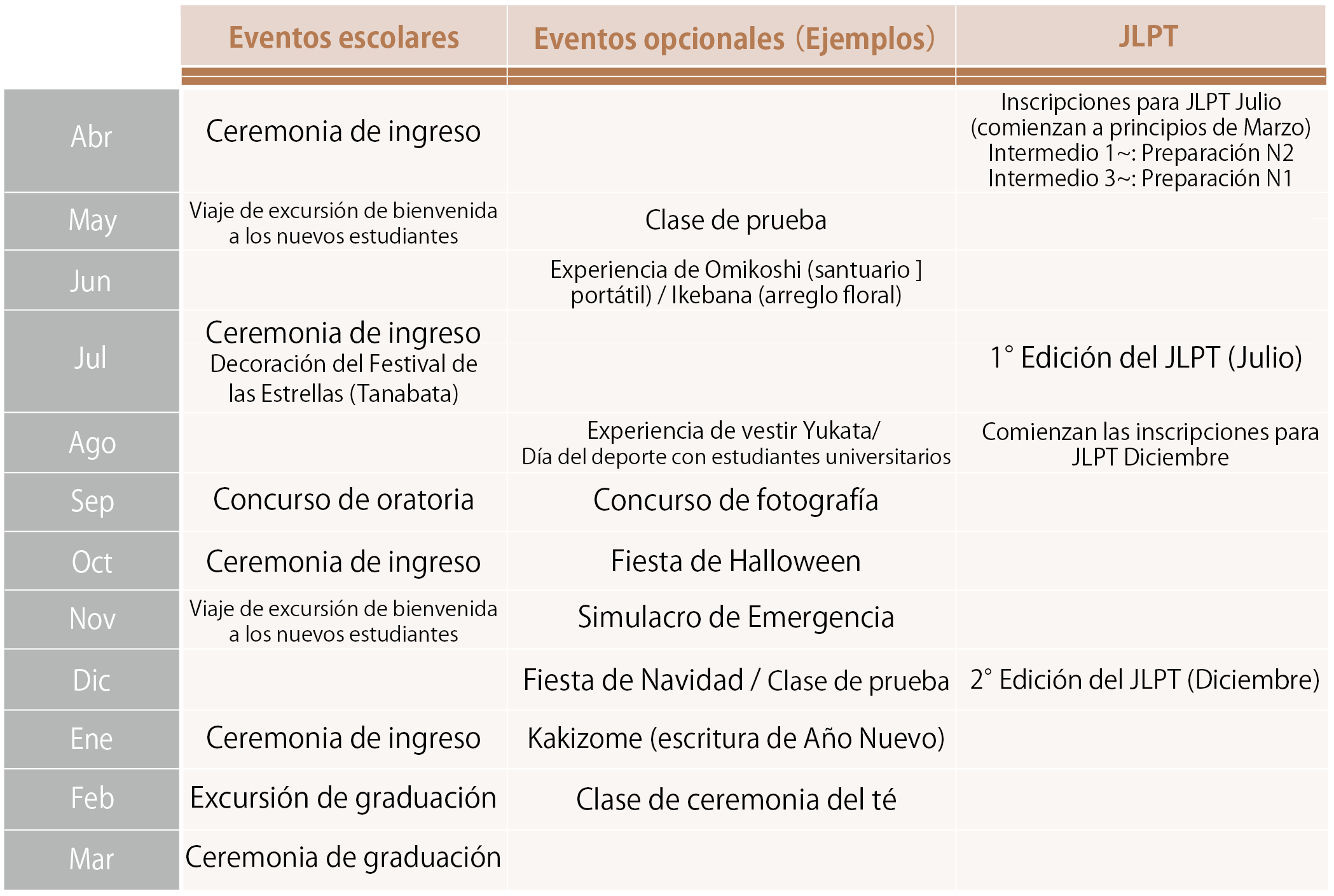 Calendario anual | Escuela de idioma japonés Akamonkai